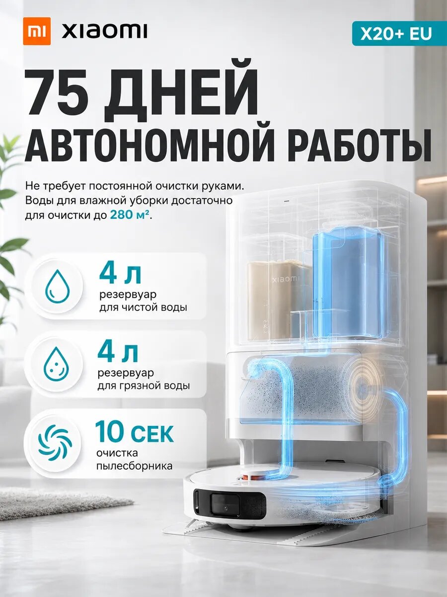 Робот-пылесос Xiaomi Robot Vacuum X20+ EU со станцией для сухой и влажной уборки пола — фото 1