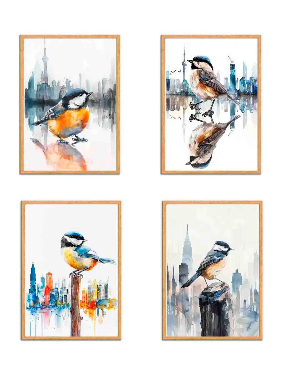 Птица синица Йога, 4 Плаката, 30x21см