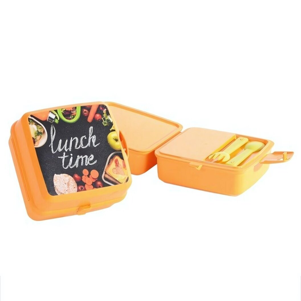 Ланч-бокс "Bento" пластиковый оранжевый, рисунок "Lunch Time", со столовыми приборами, удобный для выноса еды