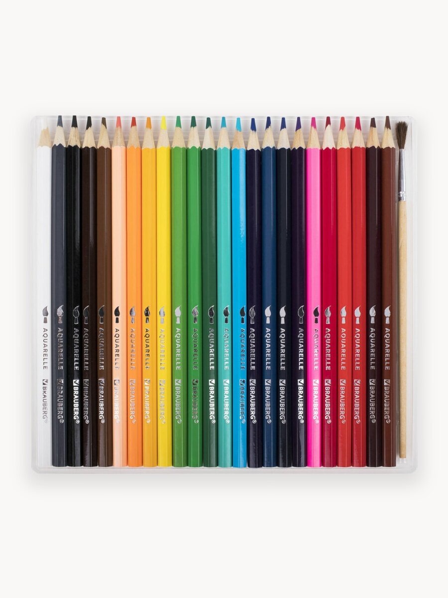 Карандаши акварельные цветные для рисования классические мягкие Brauberg, 24 цвета, с Кистью, шестигранные, грифель 3 мм, натуральное дерево, 181849