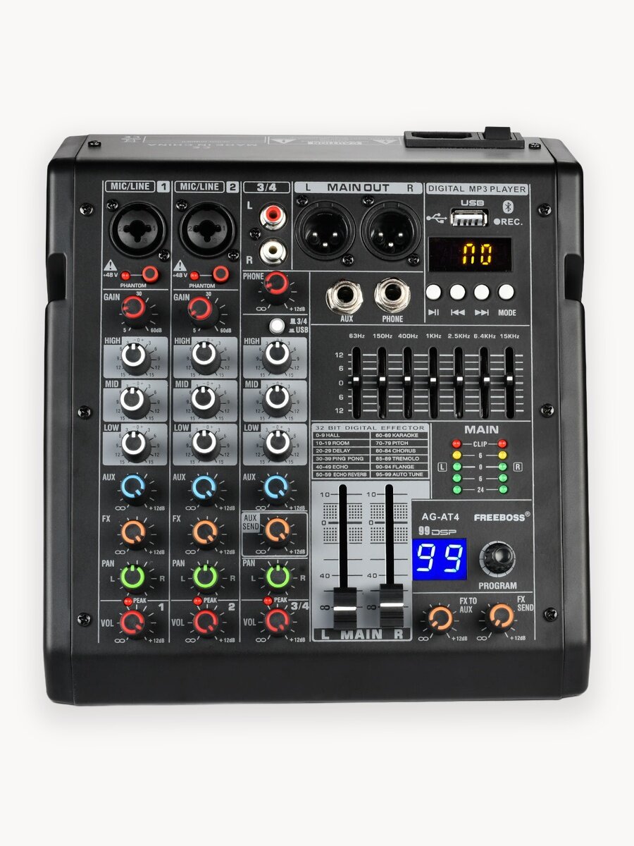 Аудиомикшер 4 канала 99 эффектов USB микшерный пульт ПК запись Bluetooth 48V аудиоконсоль караоке микшер AG-AT4