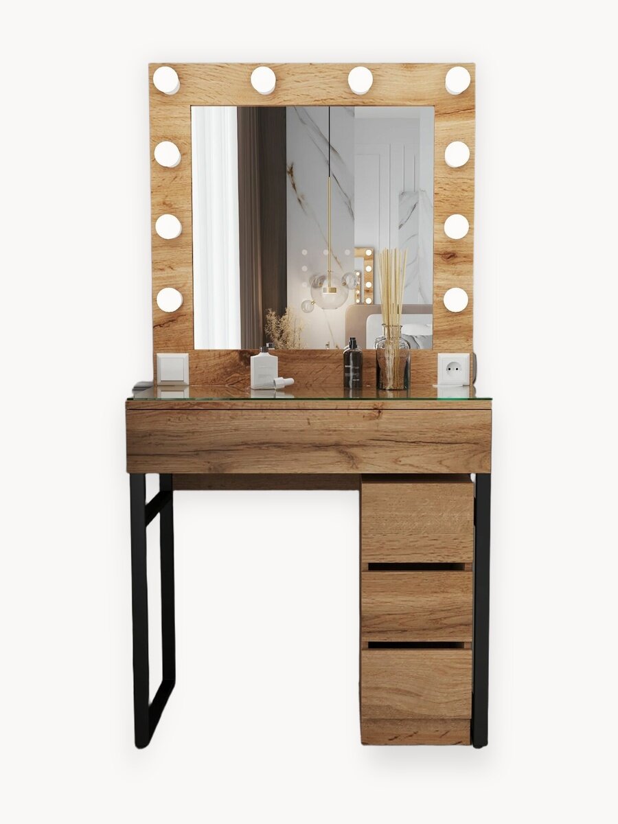 Туалетный столик Лофт 160х80х40 с пеналом 62х25х38, рамным зеркалом, подсветкой, 4 ящиками, дуб вотан