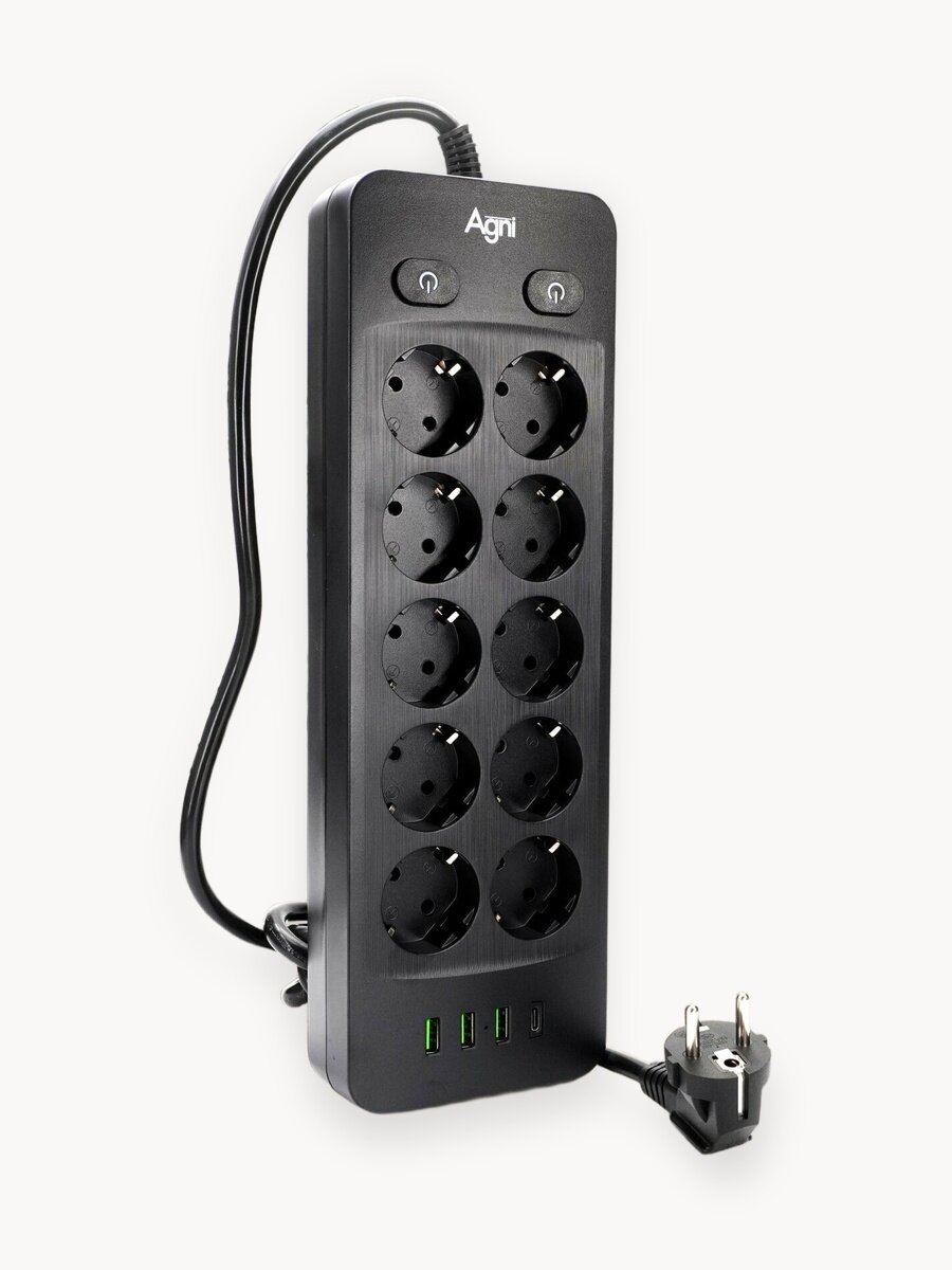 Сетевой фильтр с индивидуальными выключателями AGNI, 10 розеток 220В, 3 USB 3.1A, 4000Вт / 16А, 1 TYPE-C, кабель 2 м