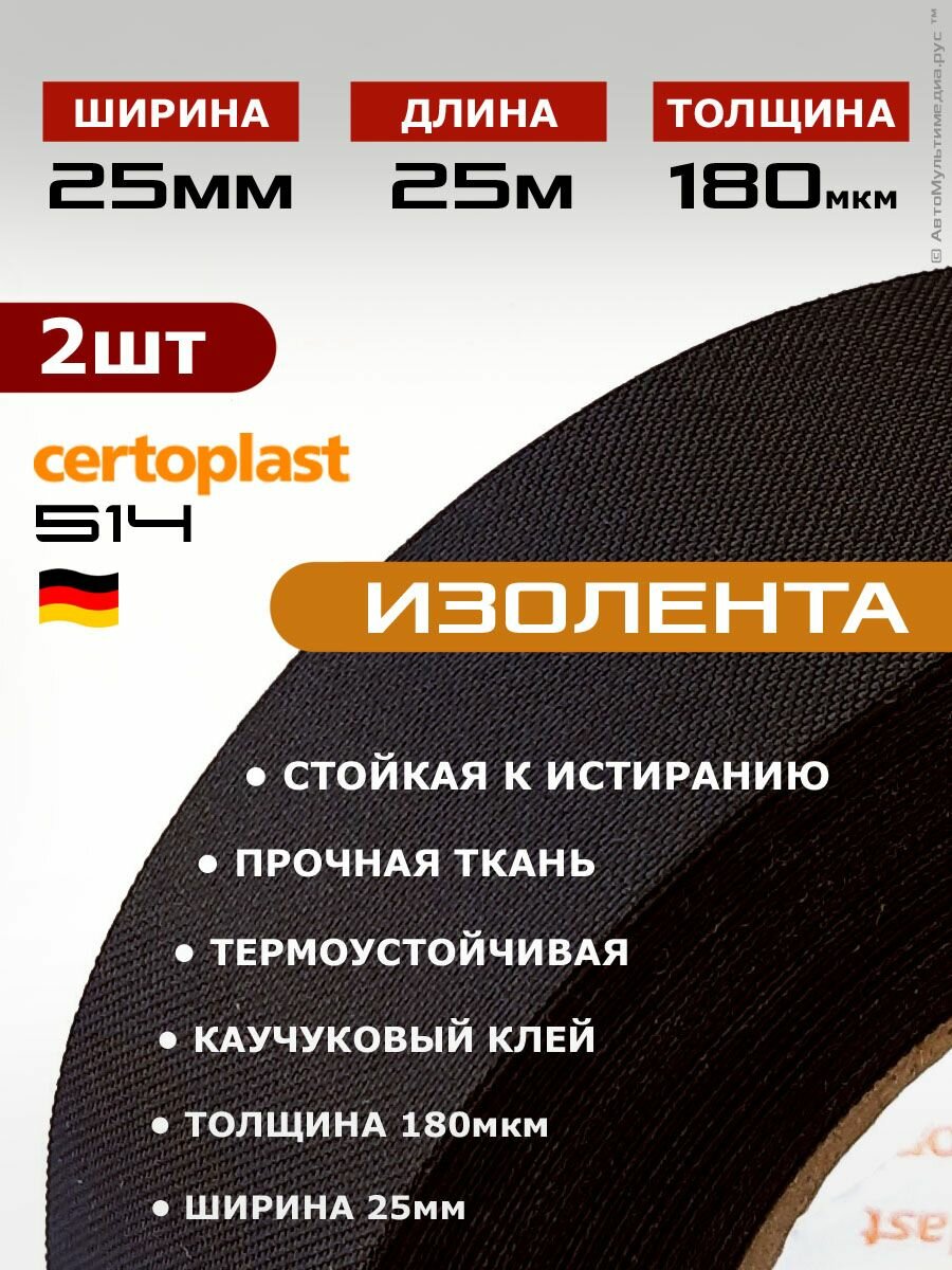 Широкая изолента Certoplast 514 * 2шт по 25метров, ширина 25мм, прочная лавсановая ткань