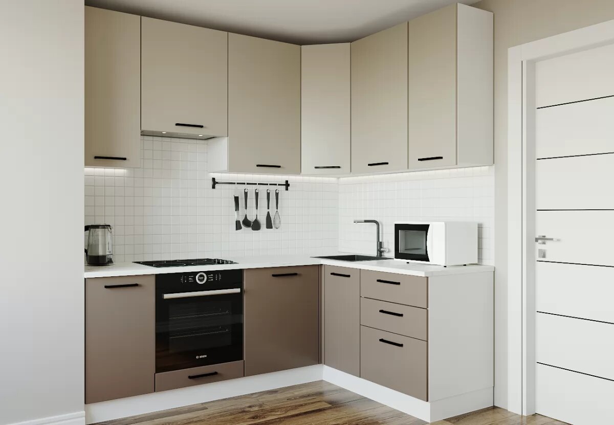 Кухонный гарнитур Sanvut угловой Латте 2200х1600 столешница 38 мм, каркас ЛДСП, фасад ЛДСП, Белый/Сатин/Мокко