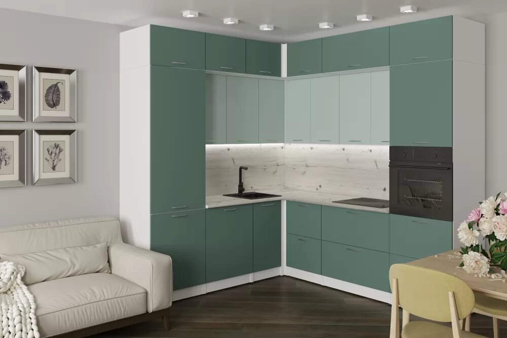 Кухонный гарнитур Герда Асая гранд прайм 2200х2500 мм, каркас ЛДСП, фасад ЛДСП, Белый/Сумерки/Бензин