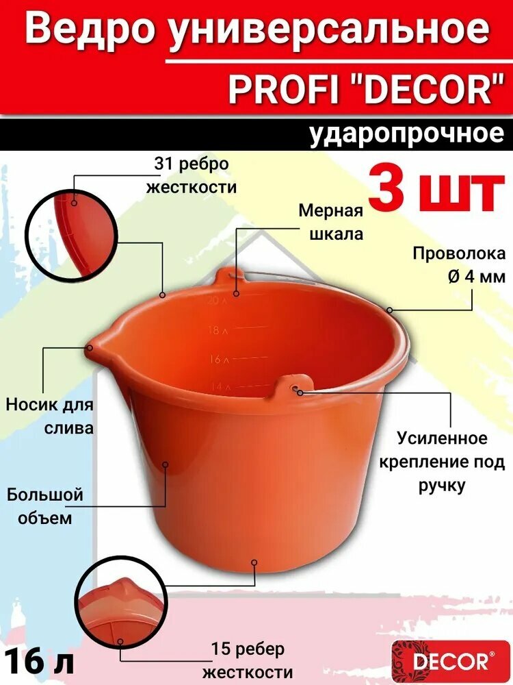 KNOW EASY-Ведро универсальное ударопрочное PROFI "DECOR" 16л 3шт