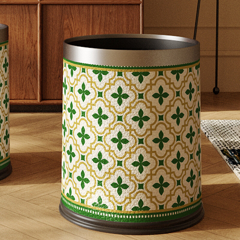 Зеленая винтажная кожаная урна для дома в гостиной, легкая роскошь, высококачественная большая емкость, американская стильная корзина для туалетной бумаги