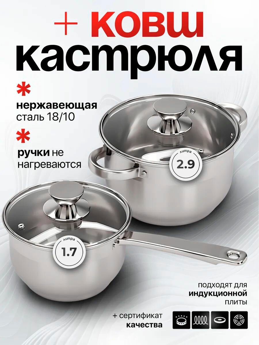 Набор кастрюль со стеклянными крышками стальные 2 шт