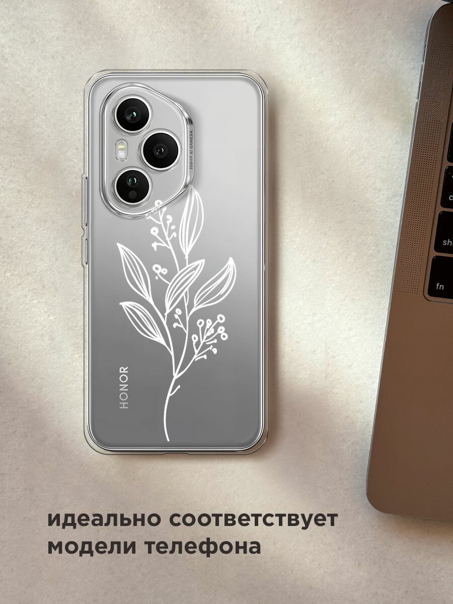 Чехол на Honor 400 Pro / Хонор 400 Про с принтом "Ветка с листочками и цветами", прозрачный — фото 1