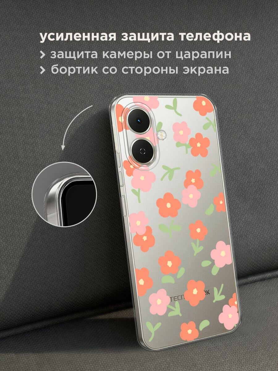 Чехол на Tecno Spark Go 2 / Текно Спарк Го 2 с принтом "Красные цветочки рисунок", прозрачный — фото 1