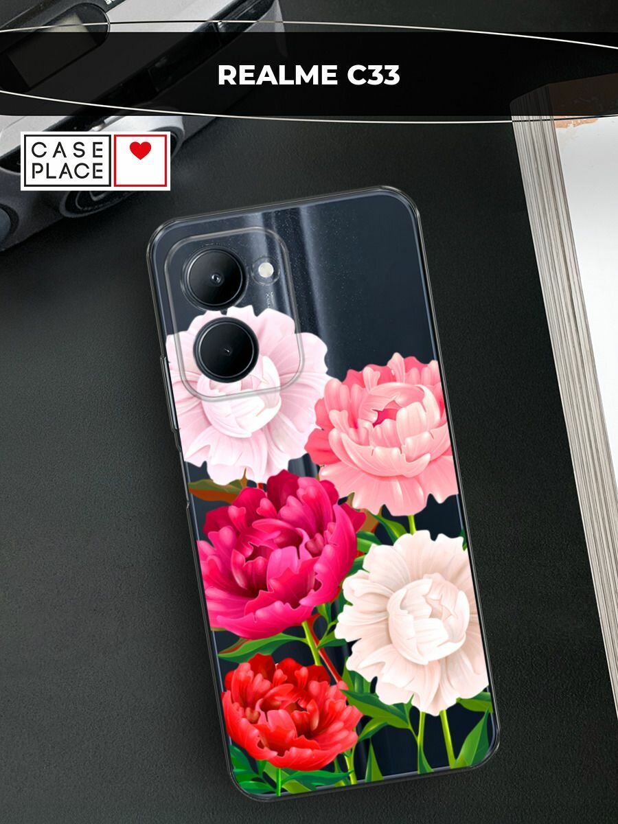 Чехол на Realme C33 / Реалми С33 с принтом "Большие пионы", прозрачный