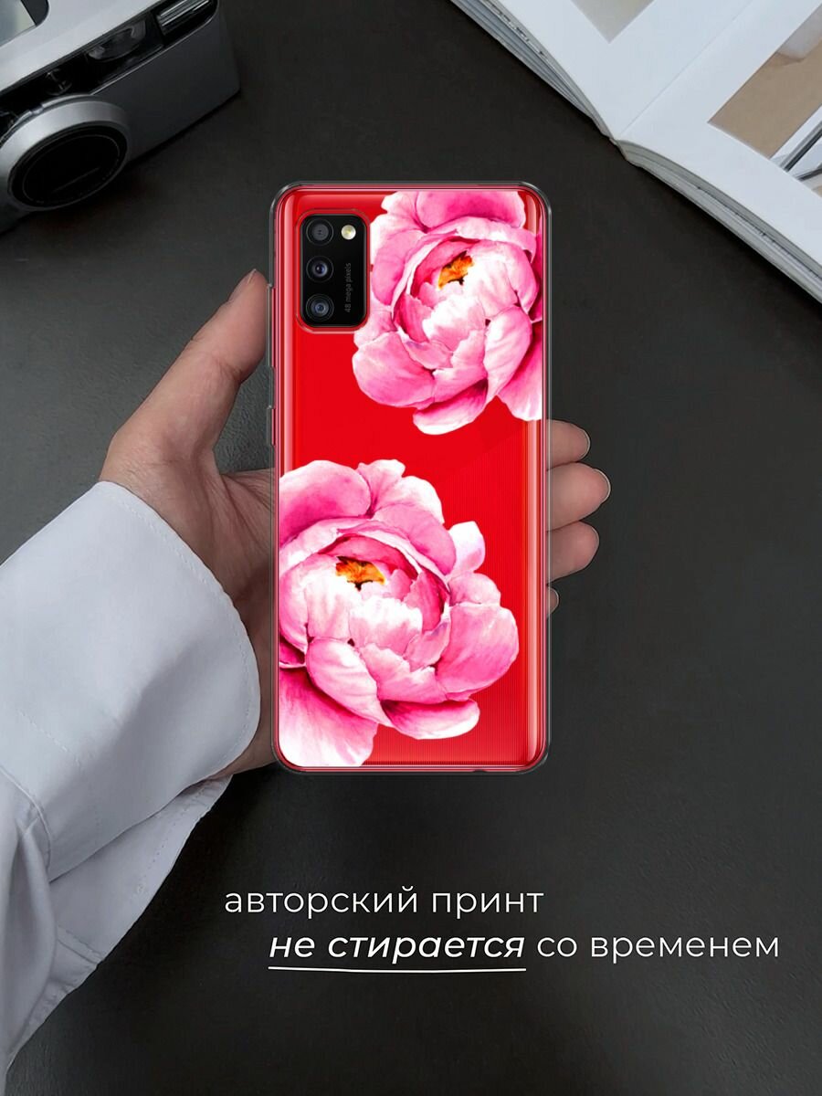 Чехол на Samsung Galaxy A41 / Самсунг Галакси А41 с принтом "Open peonies", прозрачный — фото 1