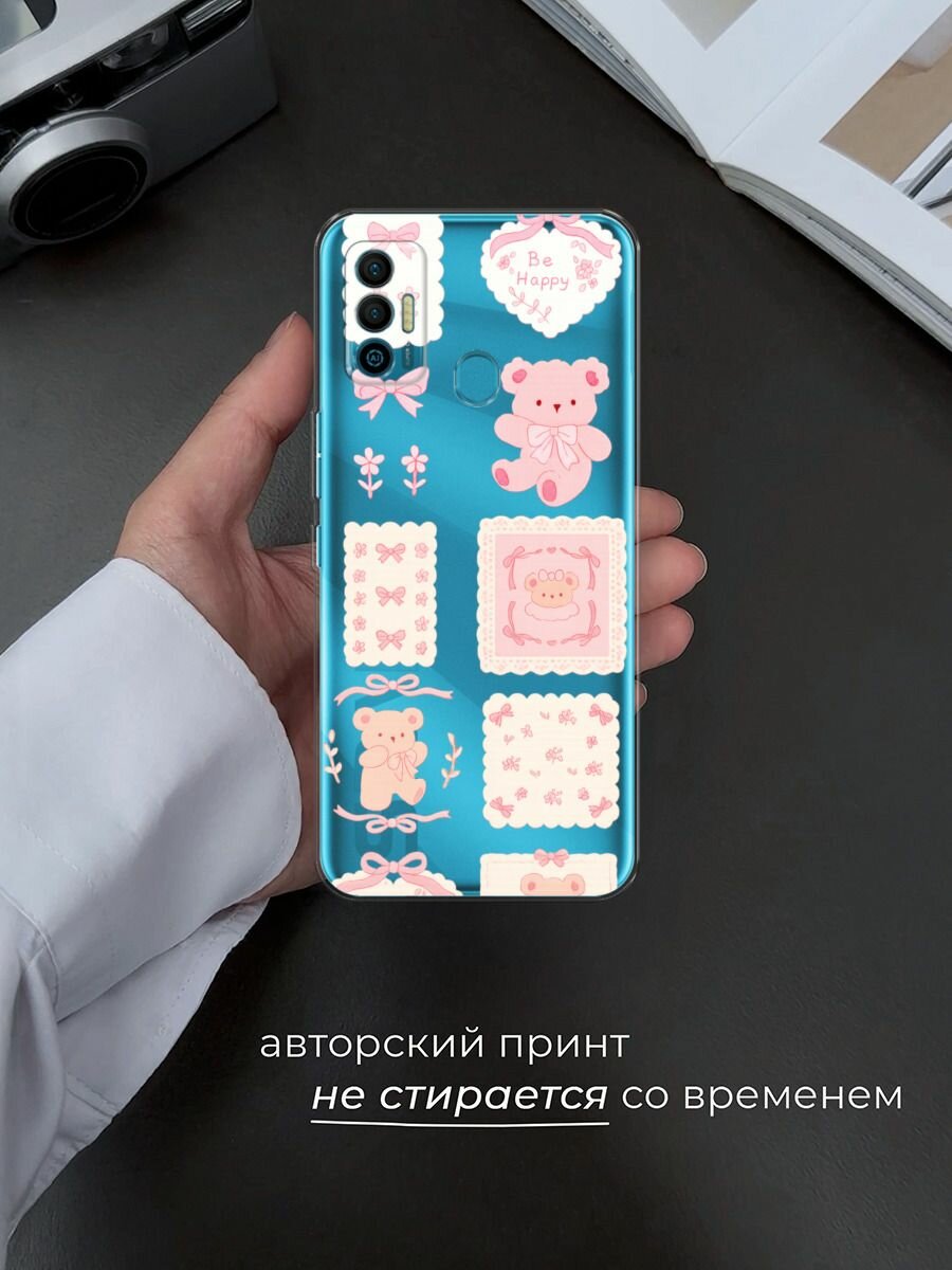 Чехол на Tecno Spark 7 / Техно Спарк 7 с принтом "Розовые марки", прозрачный — фото 1