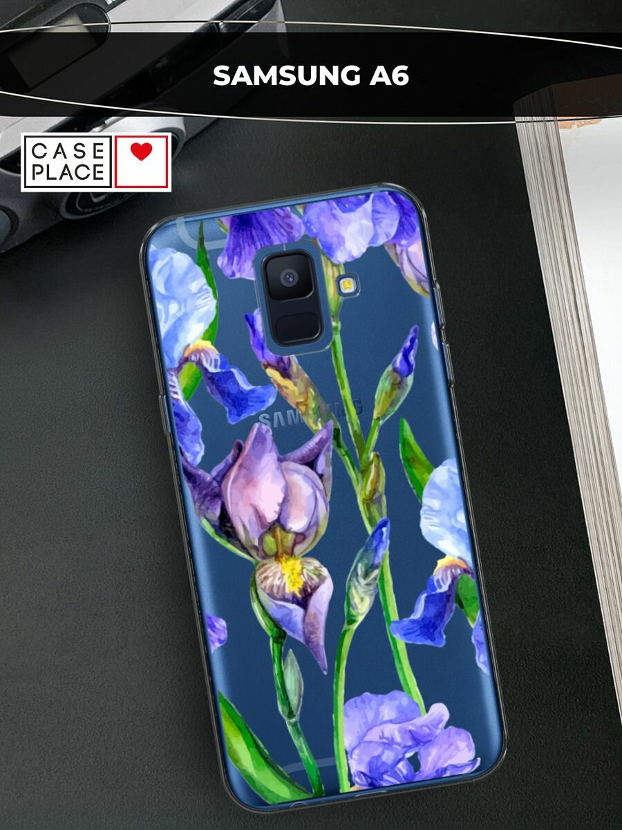 Чехол на Samsung Galaxy A6 / Самсунг Галакси А6 с принтом "Синие ирисы", прозрачный