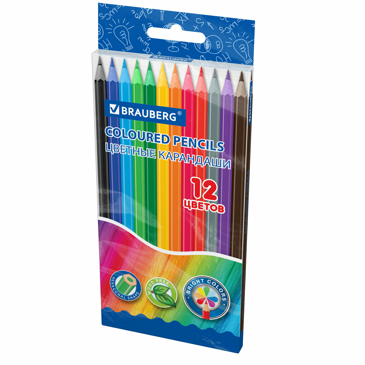 Карандаши цветные Brauberg 12 шт, цветной корпус, упаковка ПВХ-бокс, шестигранные