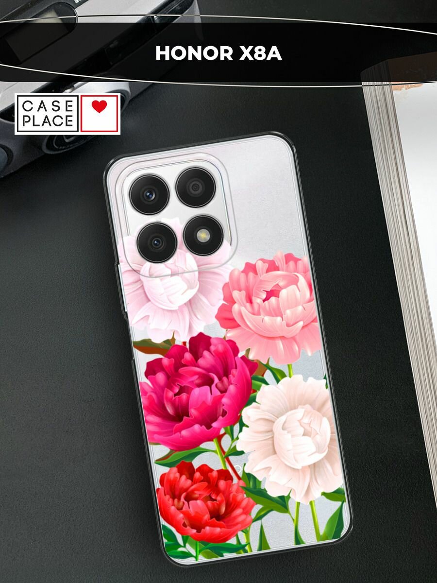 Чехол на Honor X8A / Хонор X8A с принтом "Большие пионы", прозрачный