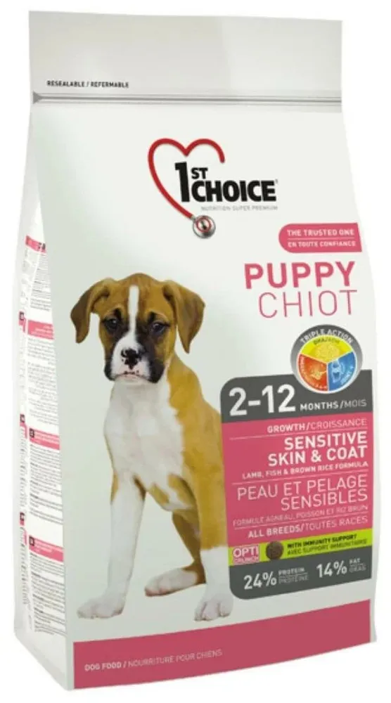 Сухой корм 1st CHOICE для щенков с чувств. кожей и для шерсти, ягнёнок с рыбой и рисом 2,72кг