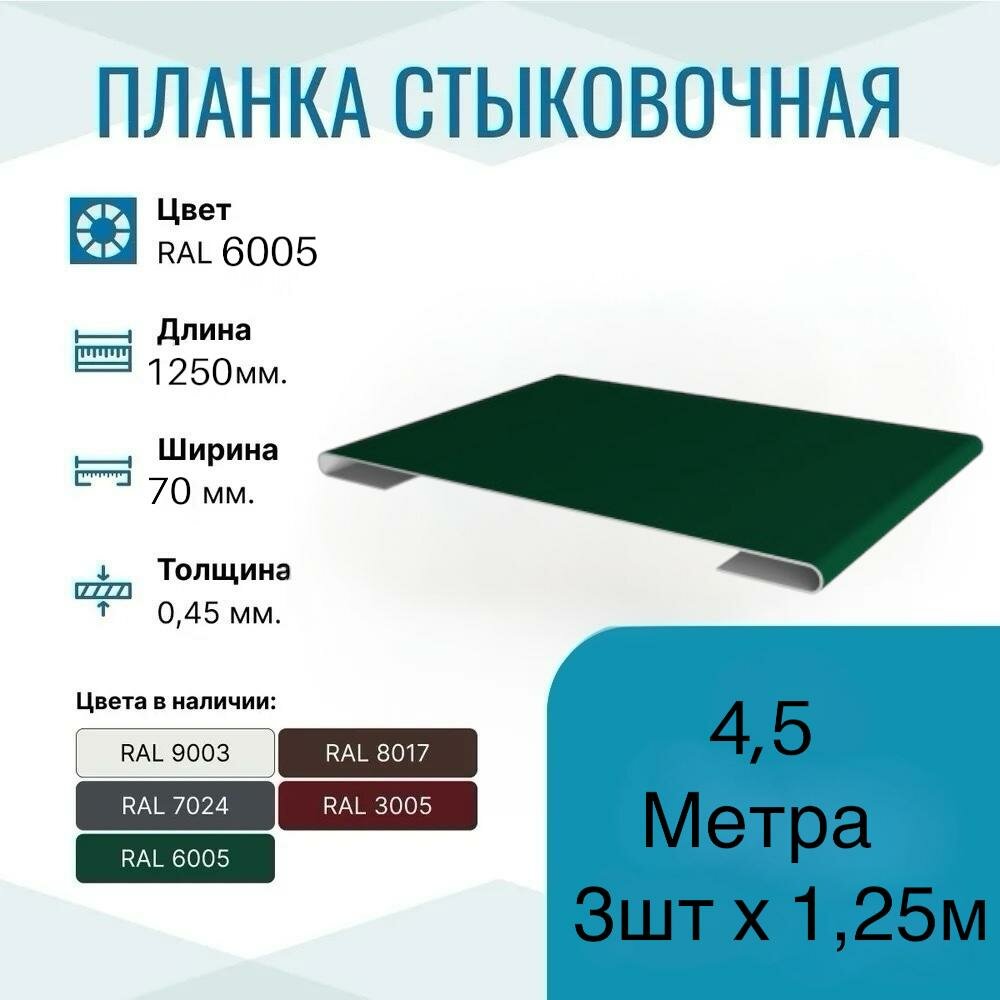Нащельник металлический ширина 70мм , длина 1,25м*3шт , цвет зеленый мох RAL 6005