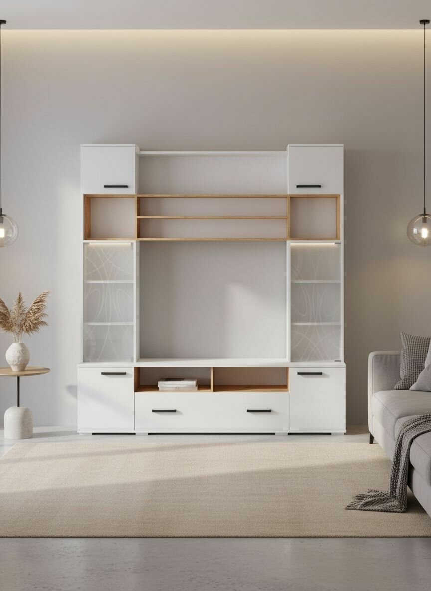 ARNIKA Стенка в гостиную,190х42,7х209,7см, белый/дуб крафт