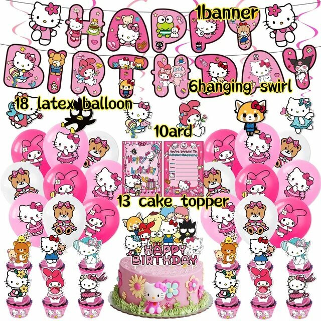 Украшения для дня рождения Hello Kitty, розовые баннеры из воздушных шаров, набор для украшения торта, надувные гелиевые шары в виде кошки Girl KT, товары для вечеринок своими руками.