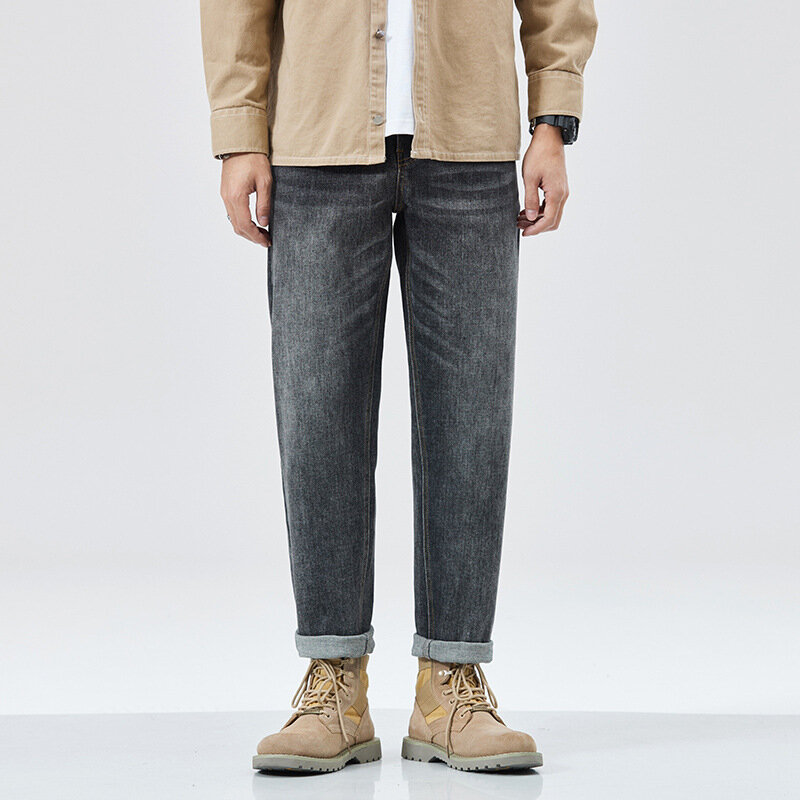 Охоты Брюки JYL Чистый цвет Высок. качеств. нов. стиль ретро джинсы муж. американ. стиль свободн. посадка увелич. размер прямой нога джинсы муж. черный/36