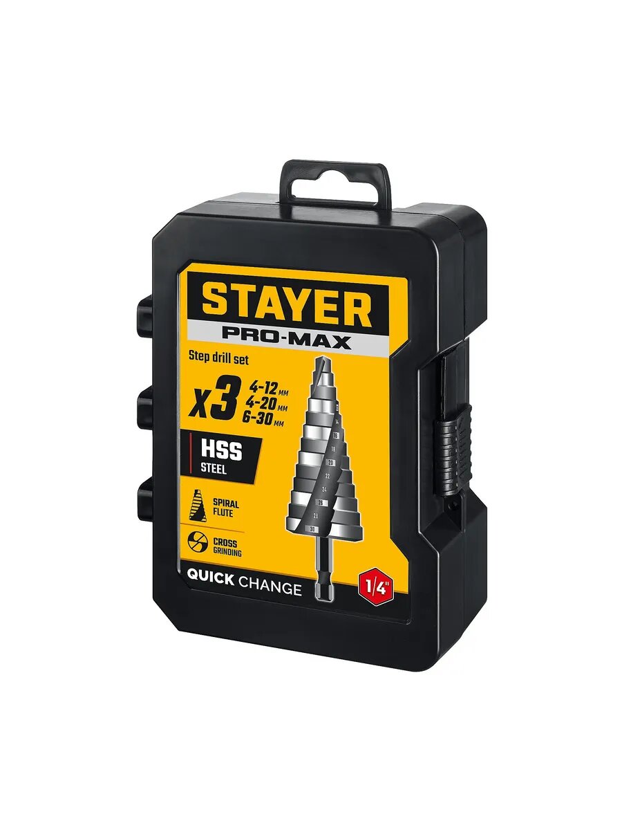 Pro-Max 3 шт, 4-30мм, винтовая спираль, набор сверл ступенч