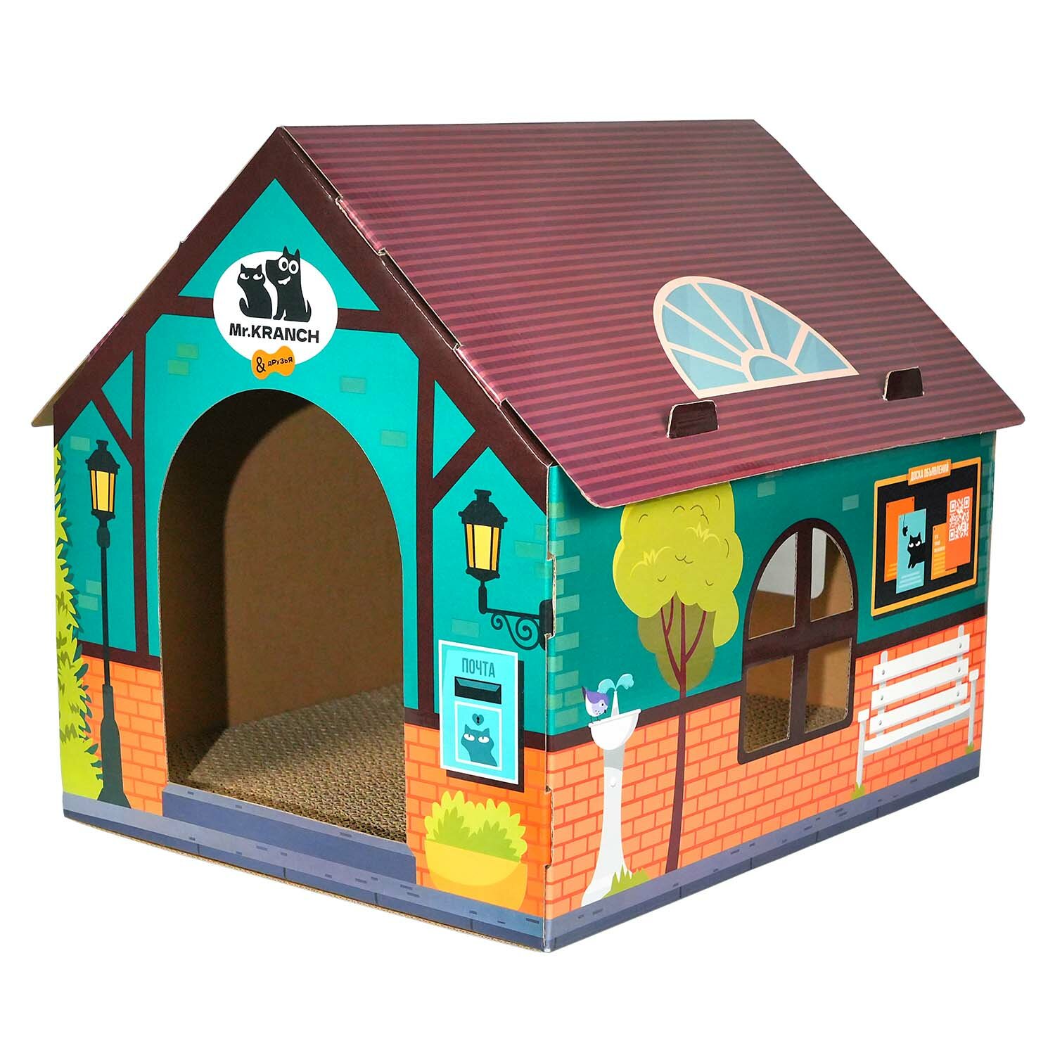 Когтеточка-домик Mr.Kranch для кошек 41.5х39.4х38.5 см из картона с кошачьей мятой зелёная VLT-MKR355042