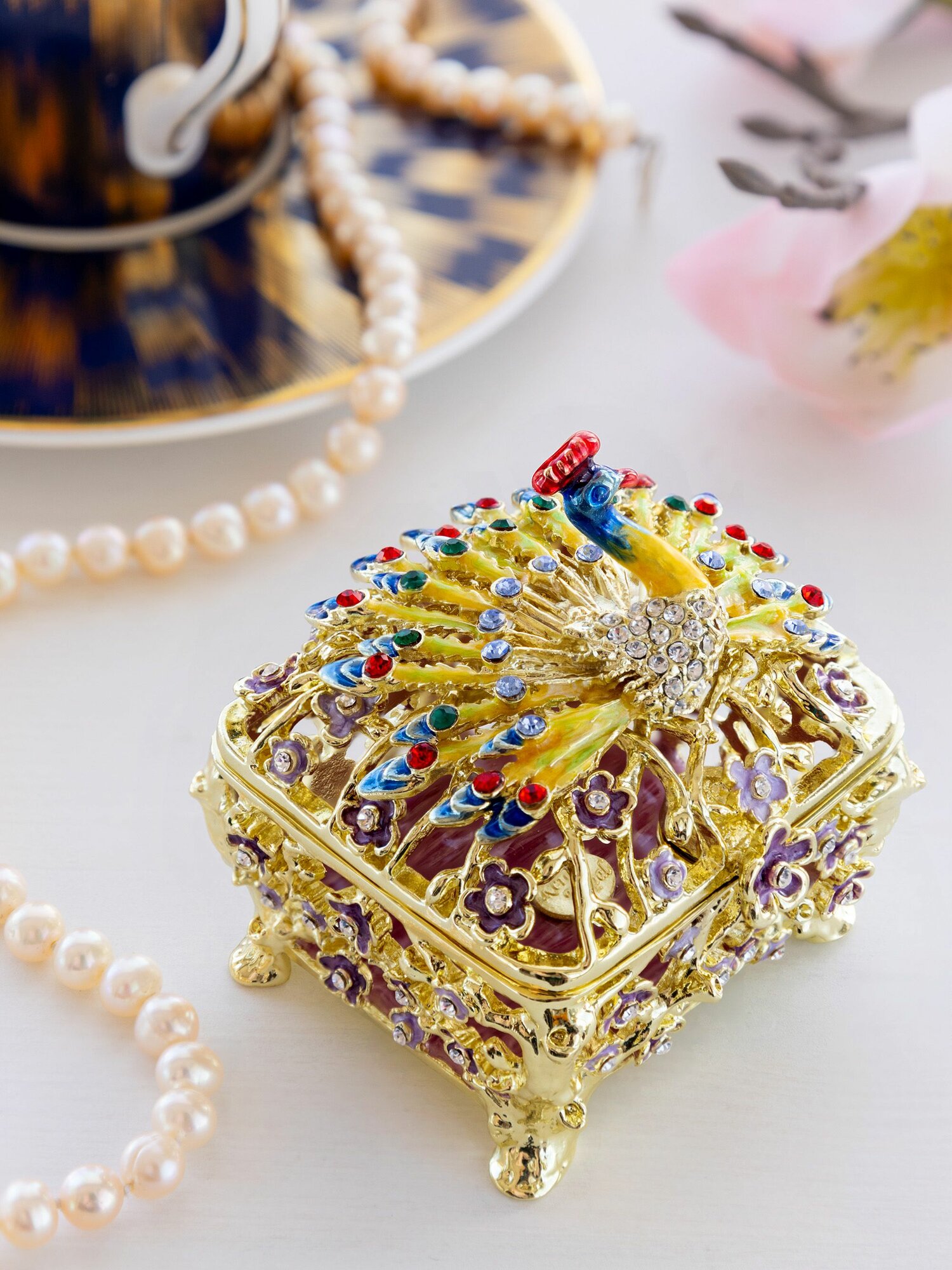 Шкатулка в стиле Фаберже (Faberge) для украшений бижутерии. Статуэтка для интерьера фигурка павлин. Design by KerenKopal