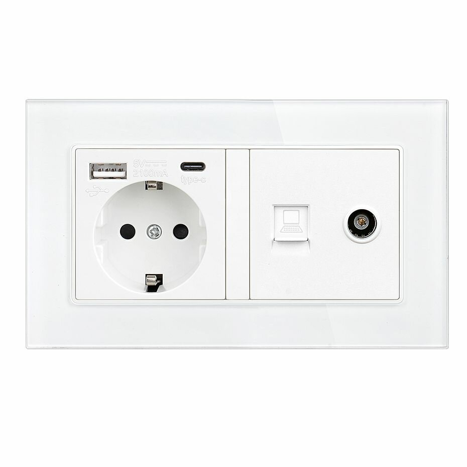 Розетка с USB 5V 2.1A и Type C + RJ45 Интернет-разъем + телевизионный порт Розетка, белый закаленного стекла