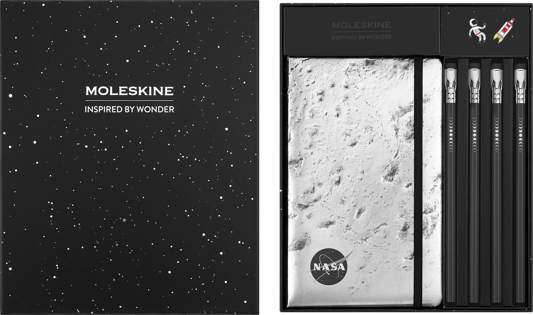 Набор Moleskine Limited Edition NASA-inspired блокнот Large в линейку 13*21 см серебристый, карандаши 4 шт, два шильда, подарочная коробка
