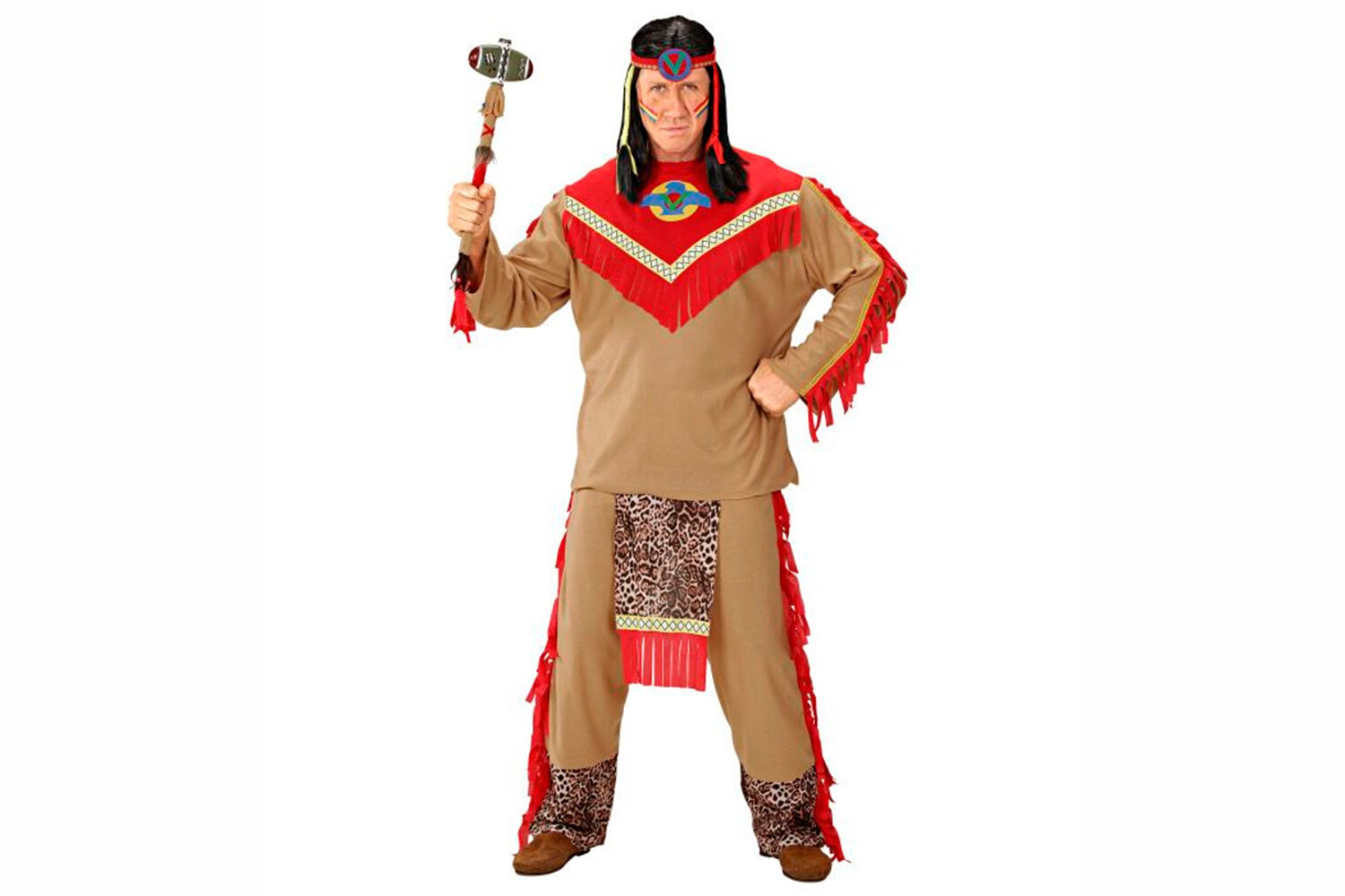 Костюм индейца Бешеный Бык (пальто, брюки, повязка на голову), коричневый, красный полиэстер, размер M