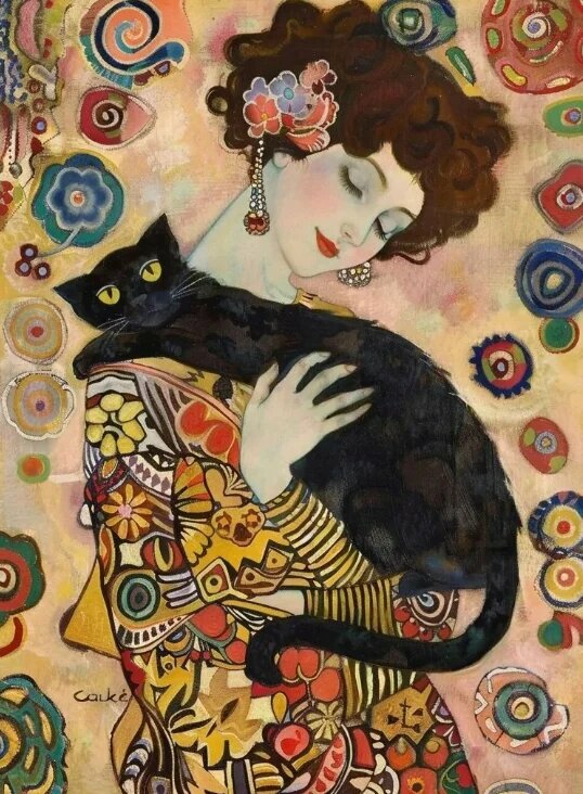 Картина "Женщина с котом" Климт, черный, 20x30см