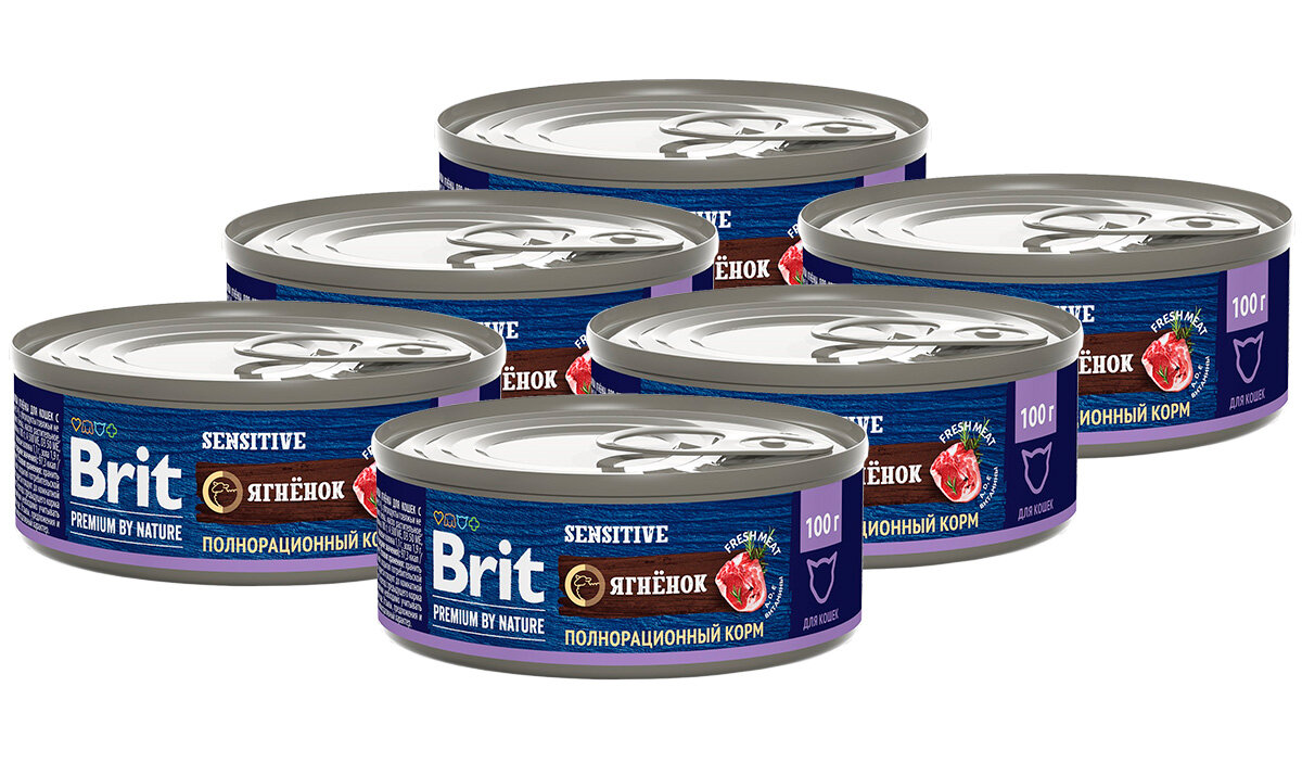 Корм влажный Brit Premium By Nature Cat для взрослых кошек с чувствительным пищеварением с ягненком, 100 г х 6 шт