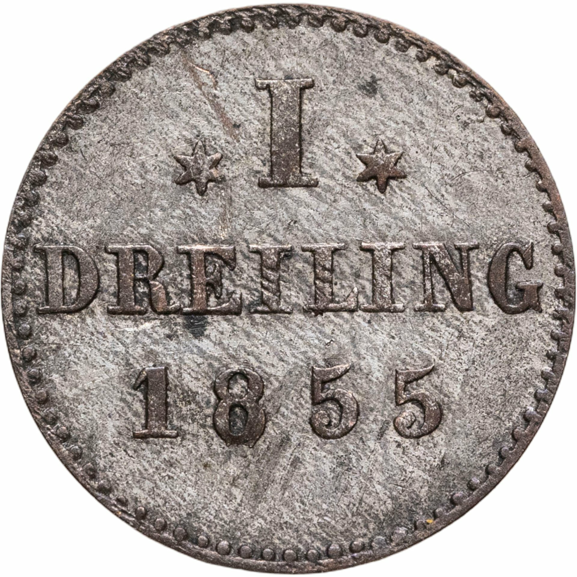 Гамбург 1 дрейлинг 1855, Серебро 187, в сохранности XF