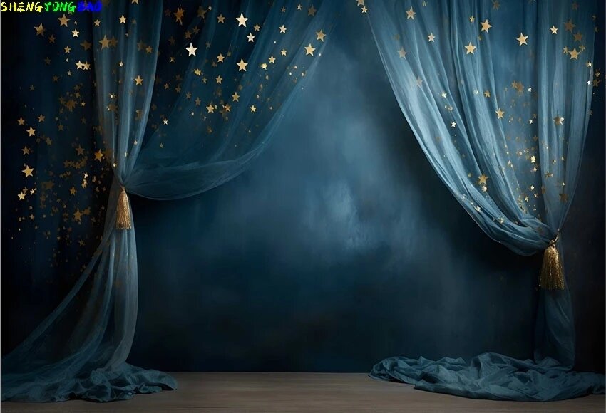Синий занавес, блестящий фон для фотосъемки, золотые звезды, для взрослых и детей, день рождения, портретный декор, фон для фотостудии