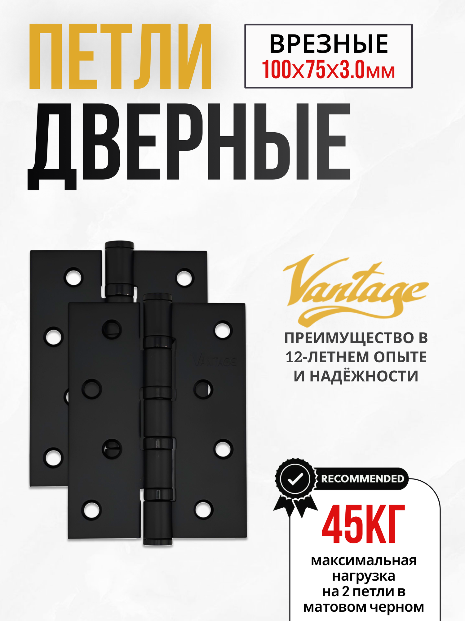 Петли врезные дверные черные универсальные, 2 шт, 100х75х3