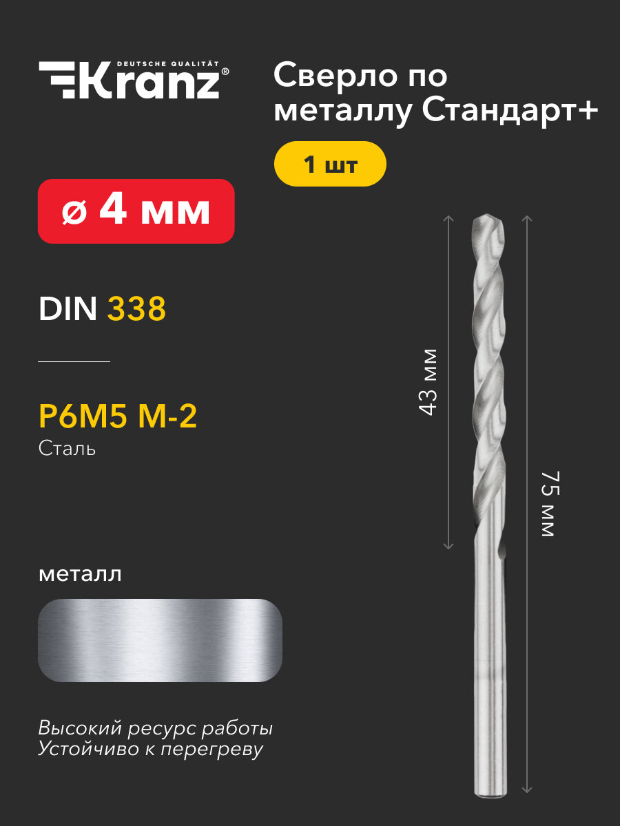 Сверло по металлу KRANZ 4 мм Стандарт+ из быстрорежущей стали P6M5 M-2, в упаковке 1 шт, стандарт DIN 338