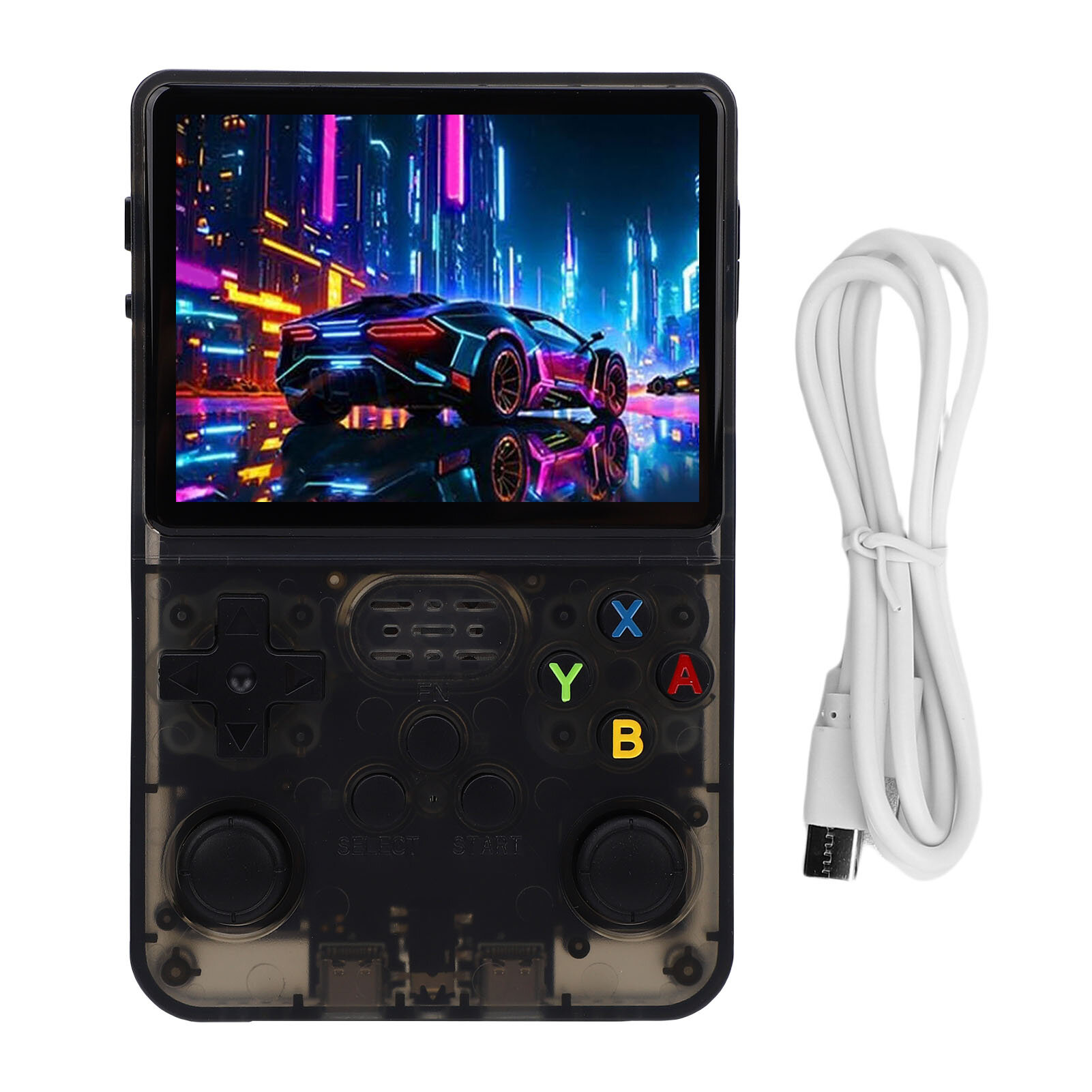 Портативная ретро-игровая консоль с двумя 3D-джойстиками, 3,5-дюймовым экраном 640x480, поддержкой более 10 эмуляторов, аккумулятором 3000 мАч, объемом 128 г, черного цвета.