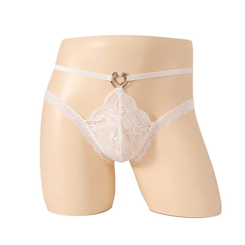 Кружевные трусики-мешочки, мужское женственное нижнее белье для мужчин, Femboy, нижнее белье, кружево с цветочным принтом, прозрачные трусы-бикини, полые стринги М, White