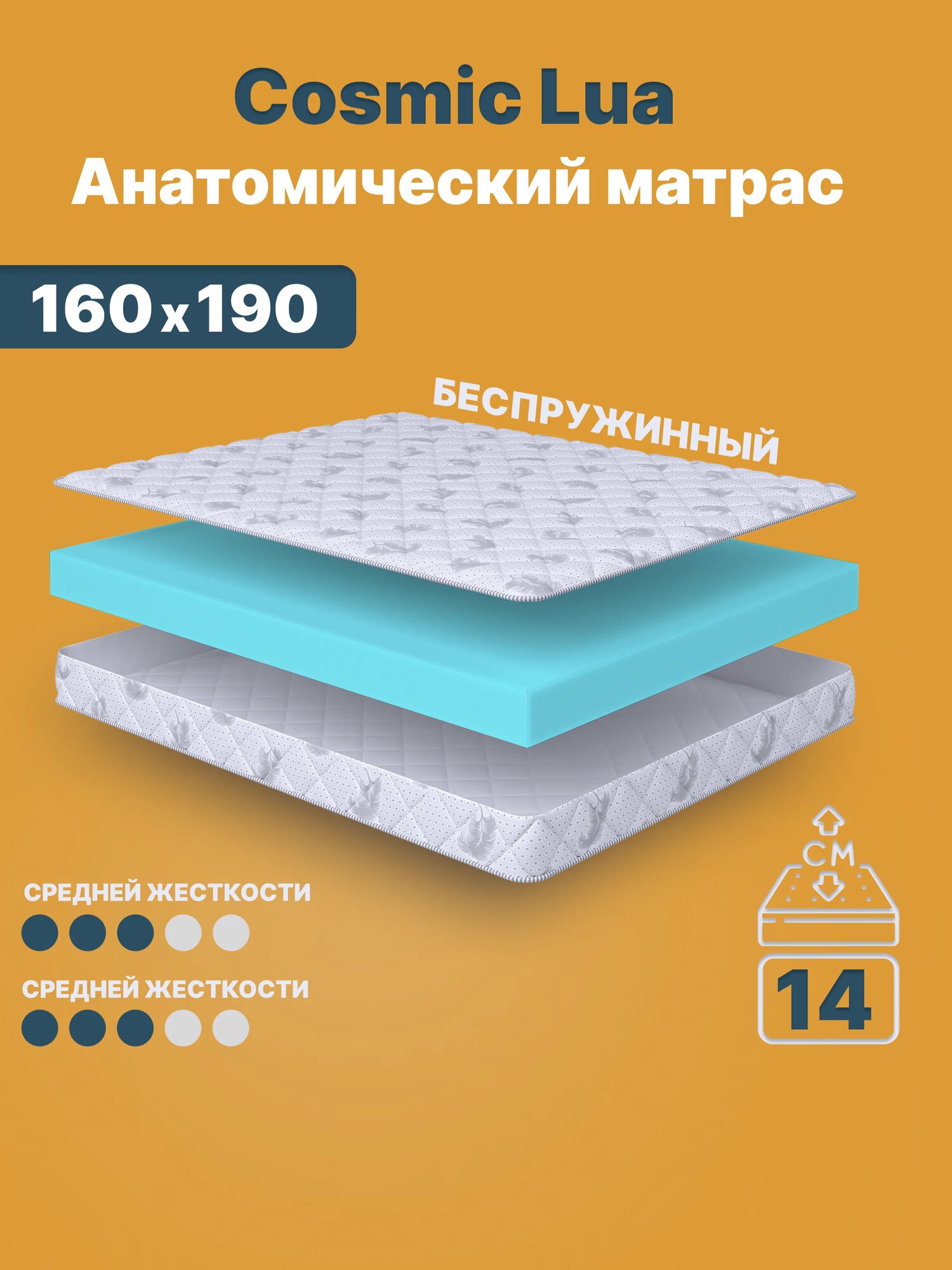 Матрас 160х190 см беспружинный для двуспальной кровати "Cosmic Lua" двусторонний с одинаковой жесткостью