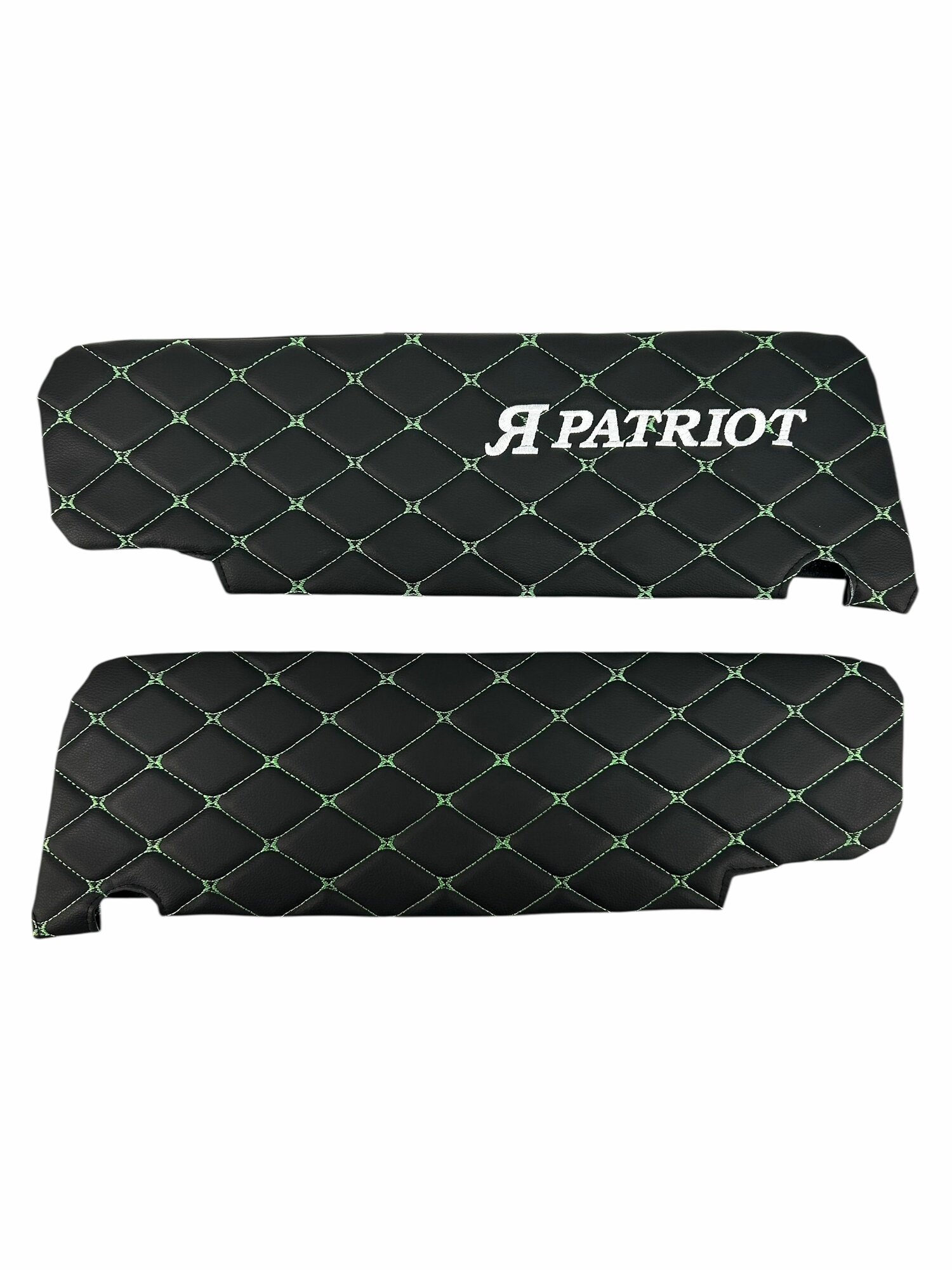 Чехлы на козырьки для а/м УАЗ Патриот, Пикап, Профи с надписью "Я патриот" черный ромб , зеленая нит