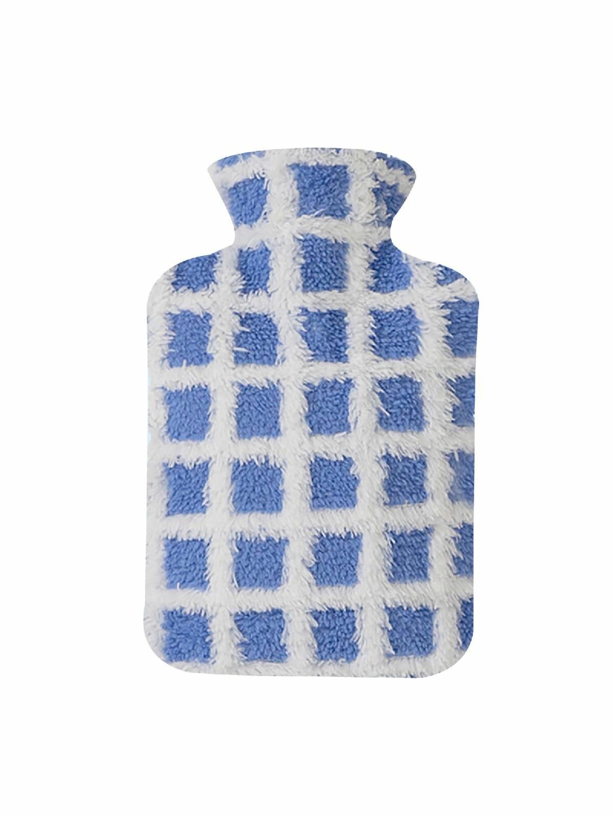 Бутылка с горячей водой, Бутылка с горячей водой для инъекций из плюшевой ткани в клетку-голубая клетка-1000 мл