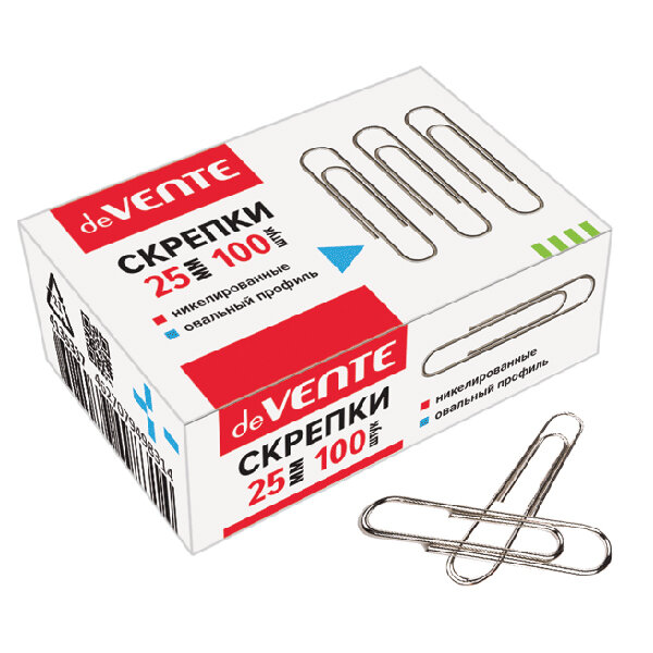 Скрепки " deVente " 25мм, никелированные, 100 штук в картонной коробке, количество: 10 коробок