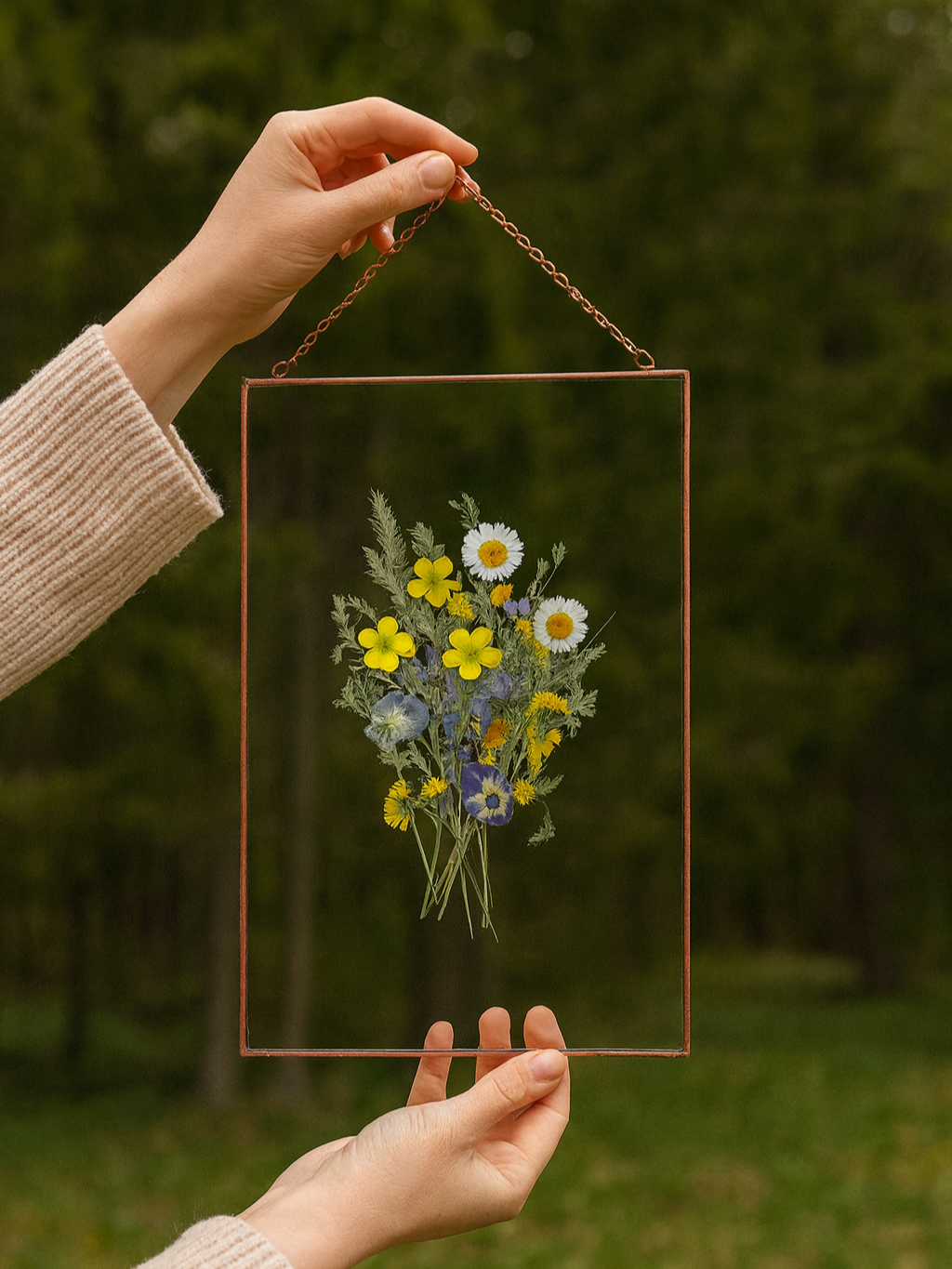 Панно из сухоцветов Летний букет в стекле картина ручной работы с натуральными цветами и медной рамой