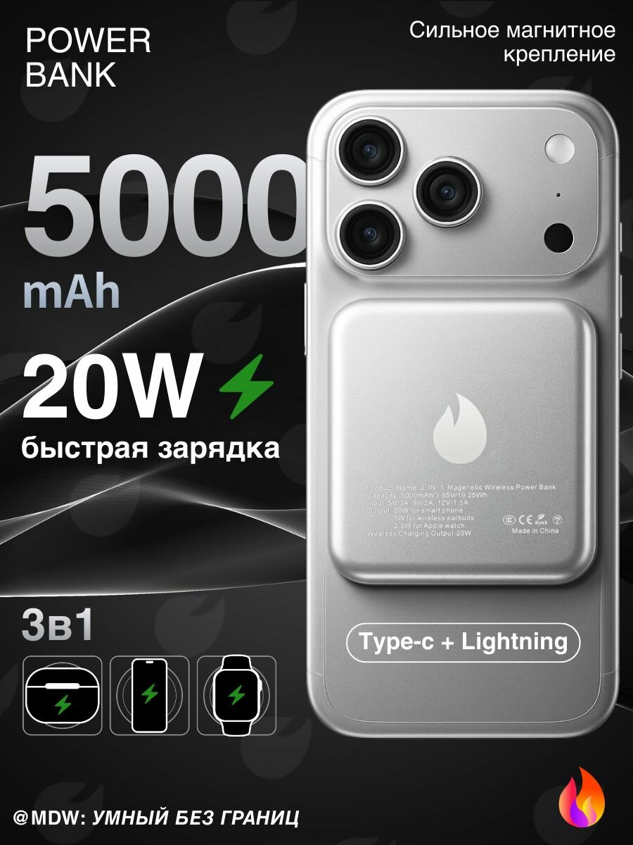 Внешний аккумулятор, мобильный источник питания MagSafe емкостью 5000 мАч, быстрая зарядка, три в одном, подходит для/мобильного телефона/ часов / гарнитуры/, Серебро/WPB-02