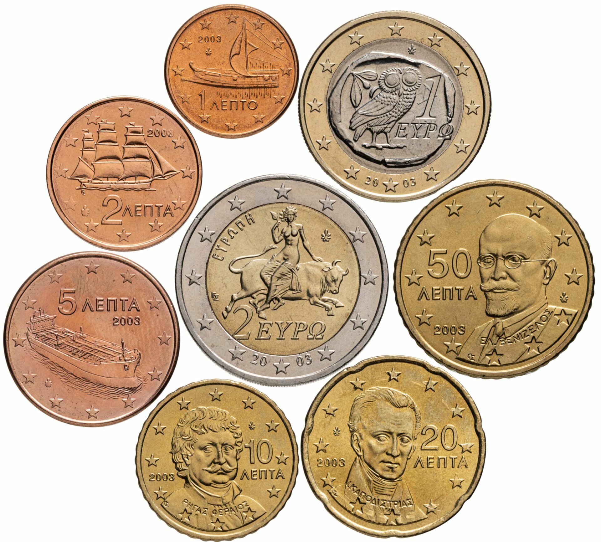 Греция полный годовой набор из 8 монет евро 2003, Различные сплавы, в сохранности UNC