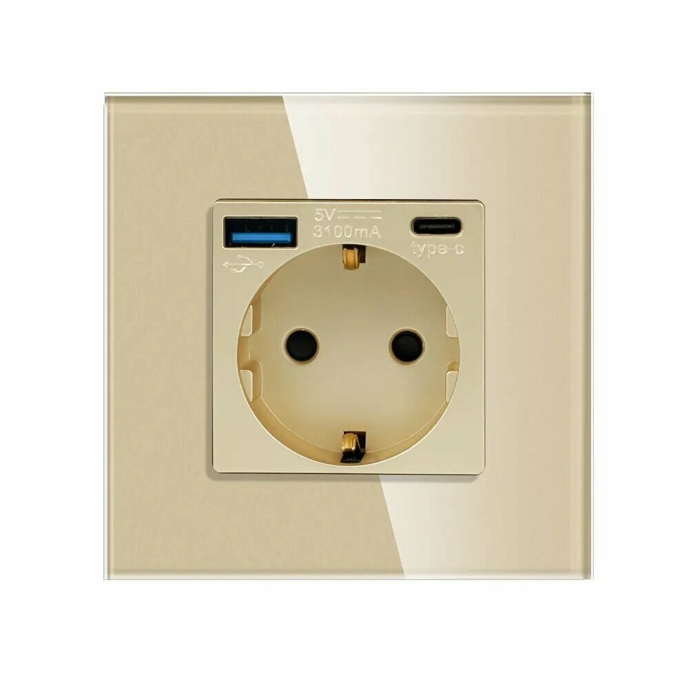 Розетка электрическая 1 пост с USB/TYPE-C Быстрая зарядка 20 Вт PD, Стекло Рамка золото