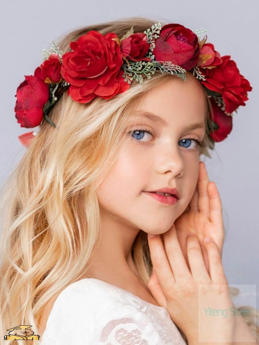 Венок на голову с цветами, ободок для девочки красный