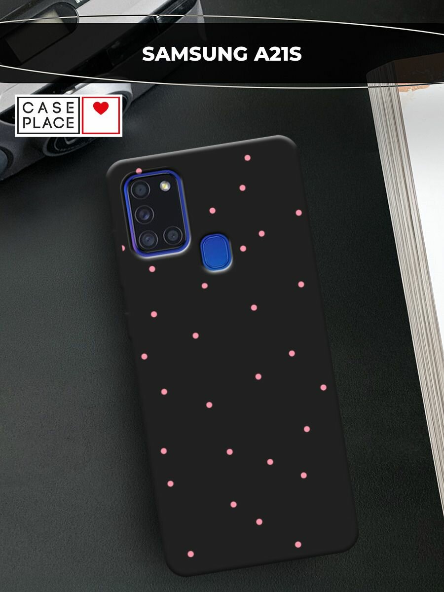 Черный матовый чехол на Samsung Galaxy A21s / Самсунг Галакси A21s с принтом Розовые точки